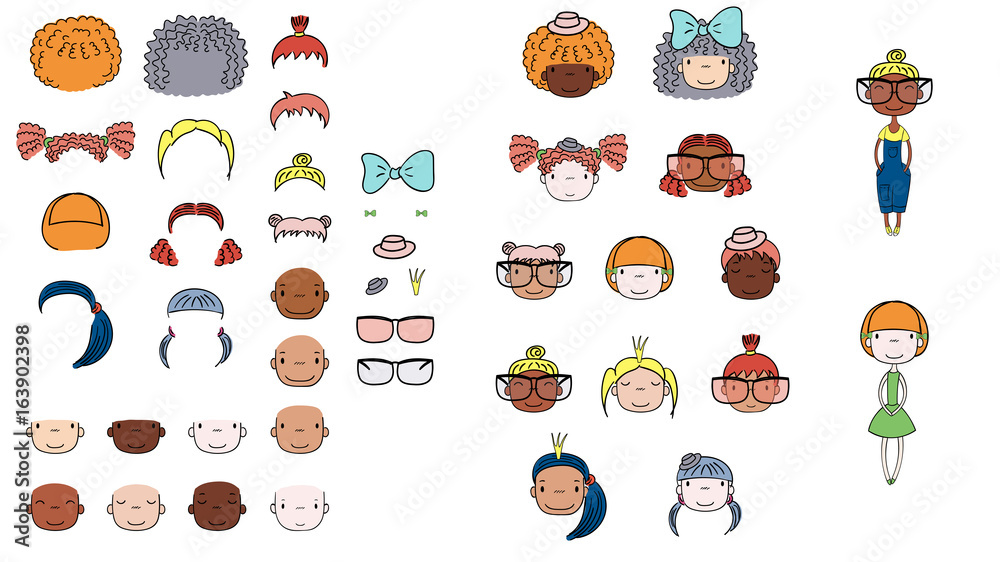 Collection of hand drawn vector doodles of cute girls heads with ...