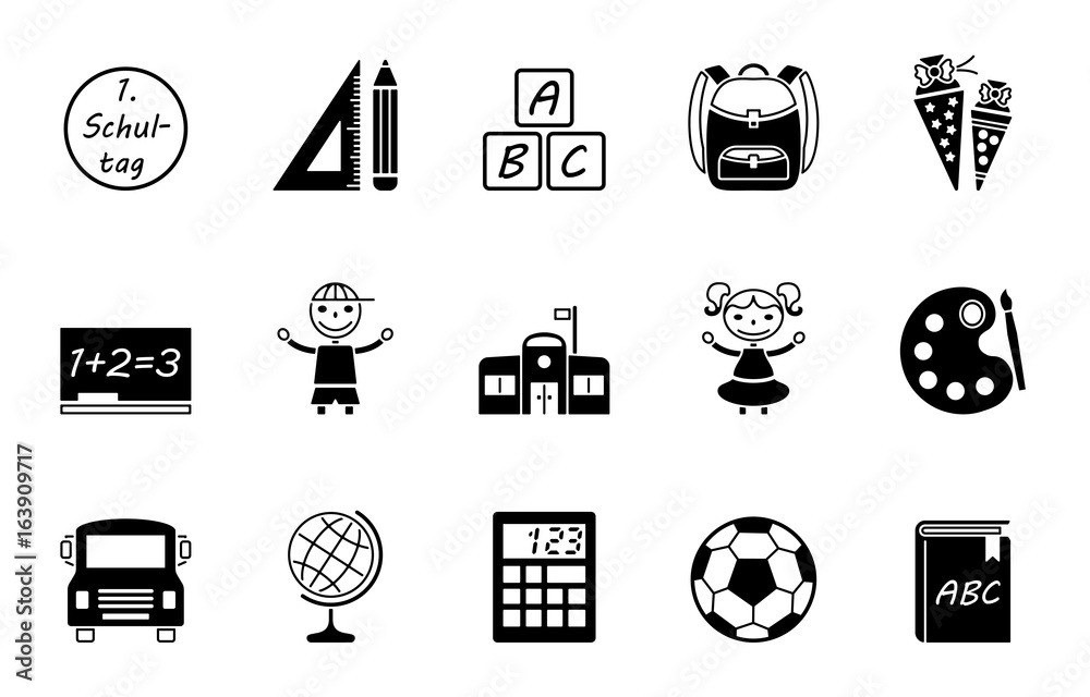 Einschulung / Schule Iconset - Schwarz Stock-Vektorgrafik | Adobe Stock