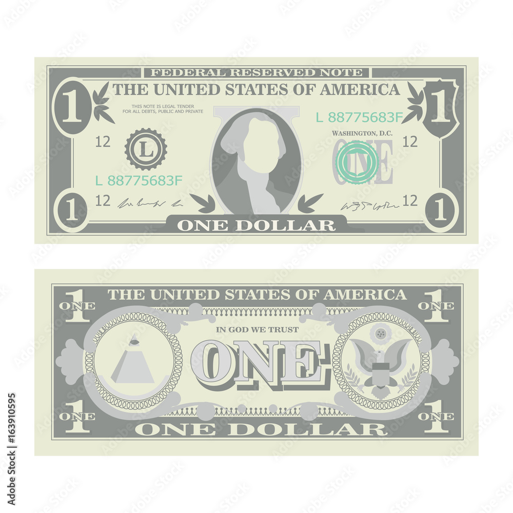 1 Dollar Banknote Vector. Cartoon US Currency. Two Sides Of One ...