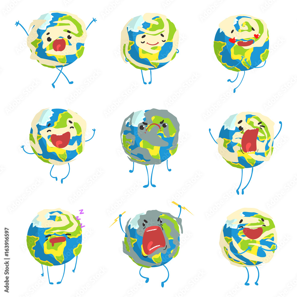 Cute funny planet Earth emoji showing different emotions set of ...