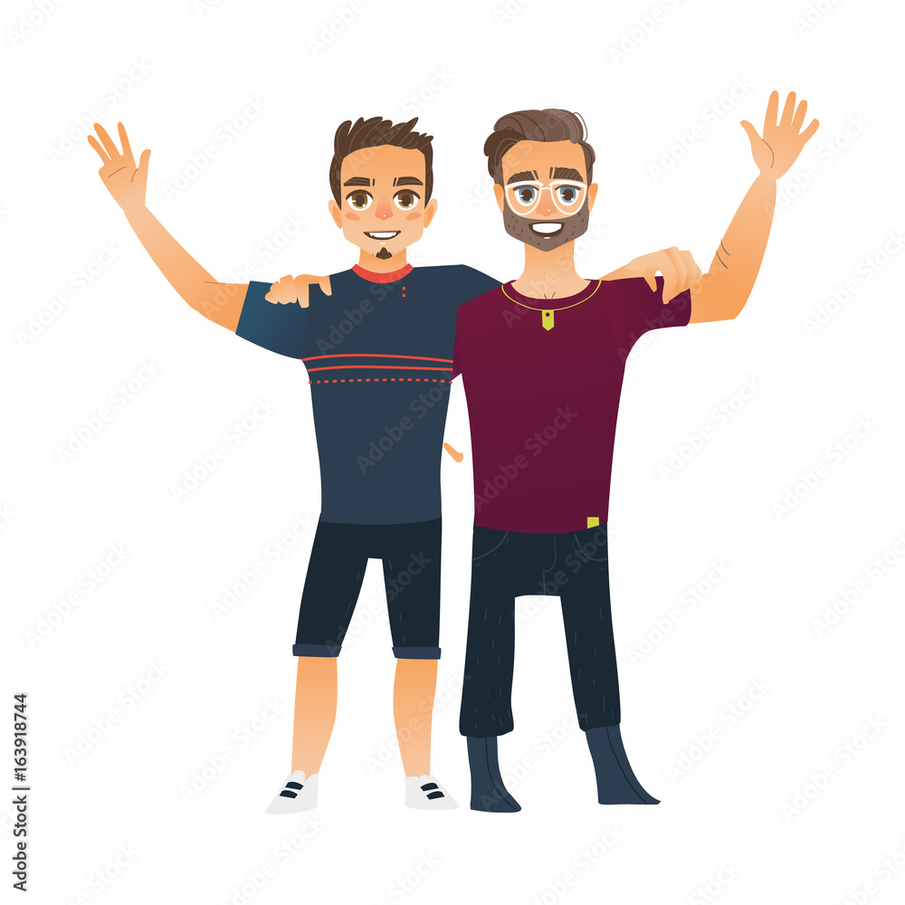 Male friendship - two boys, men, friends hugging each others, waving ...