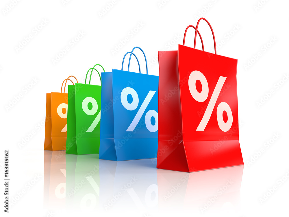 Bunte Einkaufstaschen mit Rabatten - 3D Illustration Stock-Illustration ...