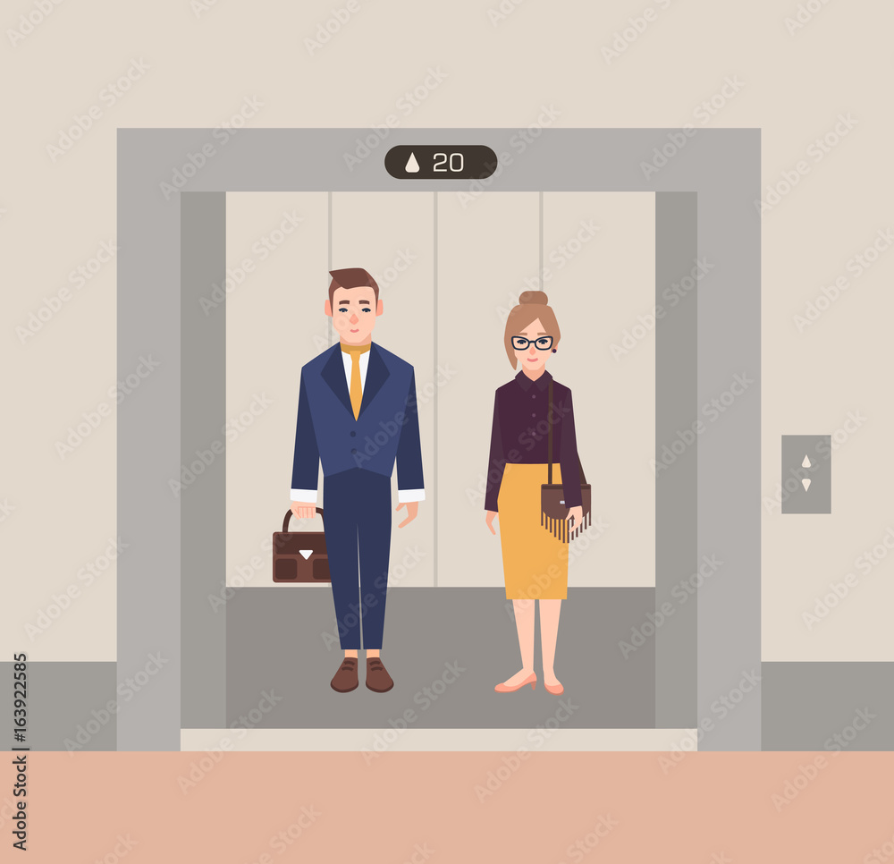 Office workers standing in open elevator. Business people man and woman ...