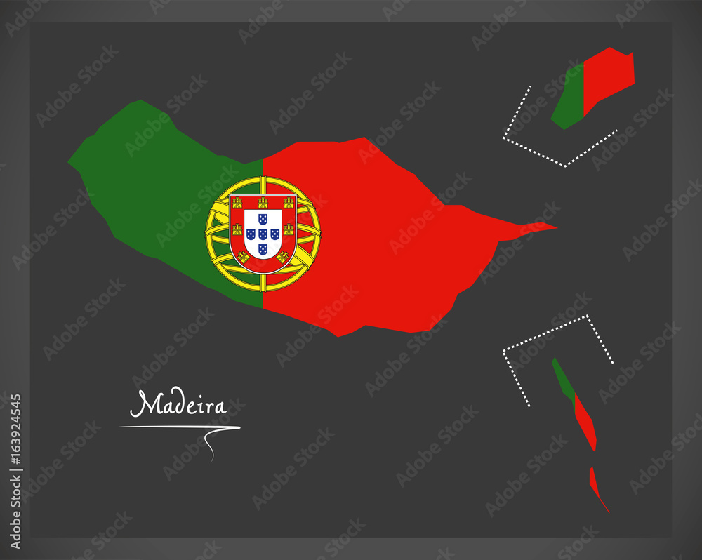 Madeira Portugal map with Portuguese national flag illustration Stock ...