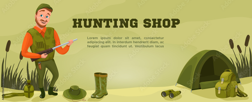 Hunter shop banner of flyer template with cartoon character, equipment ...