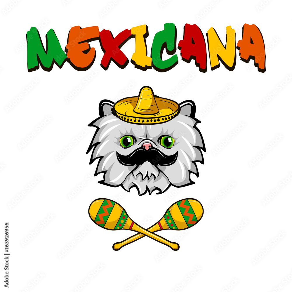 Cat face with mexican sombrero and maracas. Cartoon vector illustration ...
