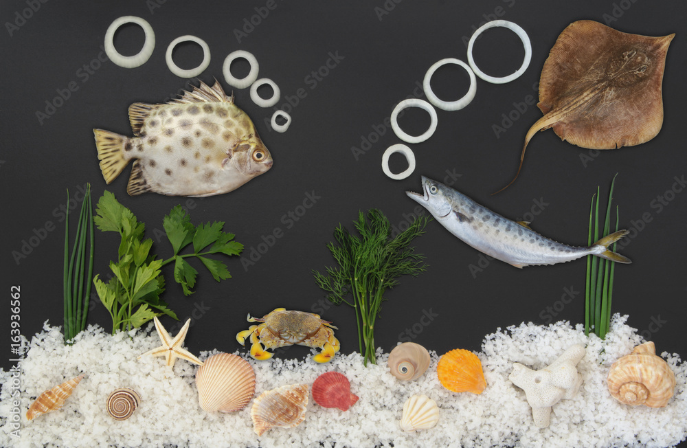Cooking seafood concept. Greens and organic salt as sea bottom with ...