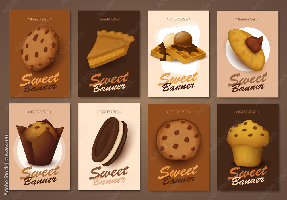 Set of brochures with sweets. Vector templates. Backgrounds with cakes ...