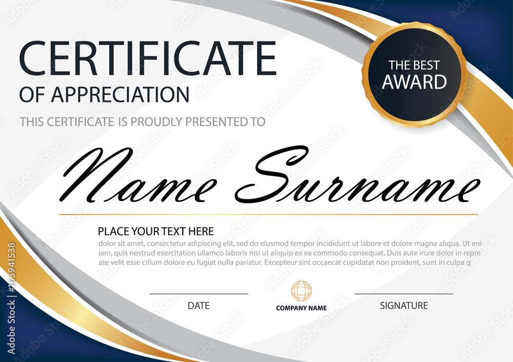 Blue Elegance horizontal certificate with Vector illustration ,white frame certificate template ...