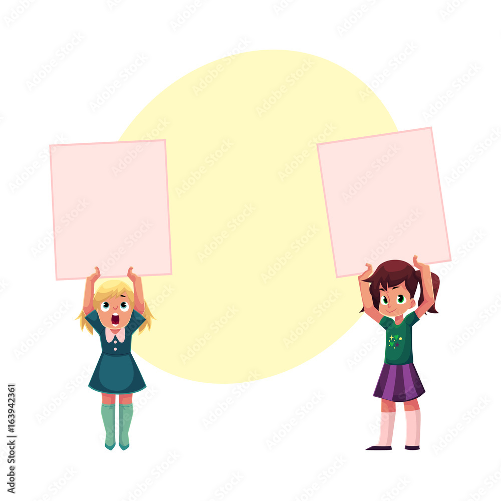Two Little girls, child, kid holding blank empty poster, board, message ...