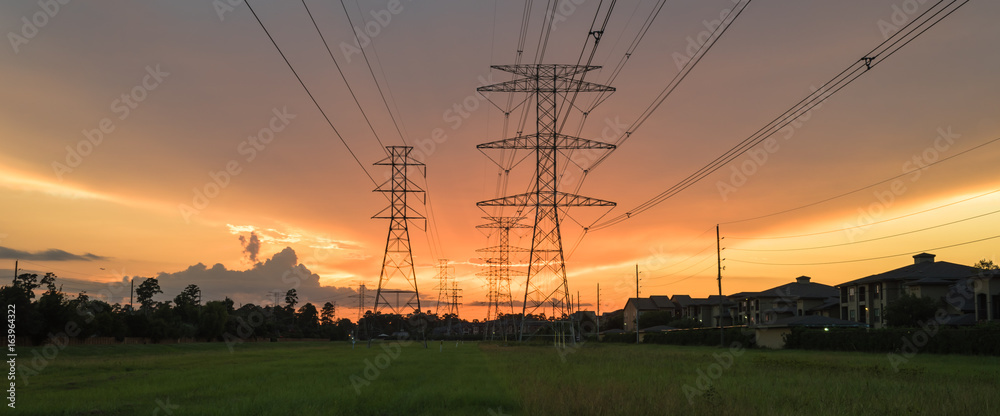 Group silhouette of transmission towers (power tower, electricity pylon ...