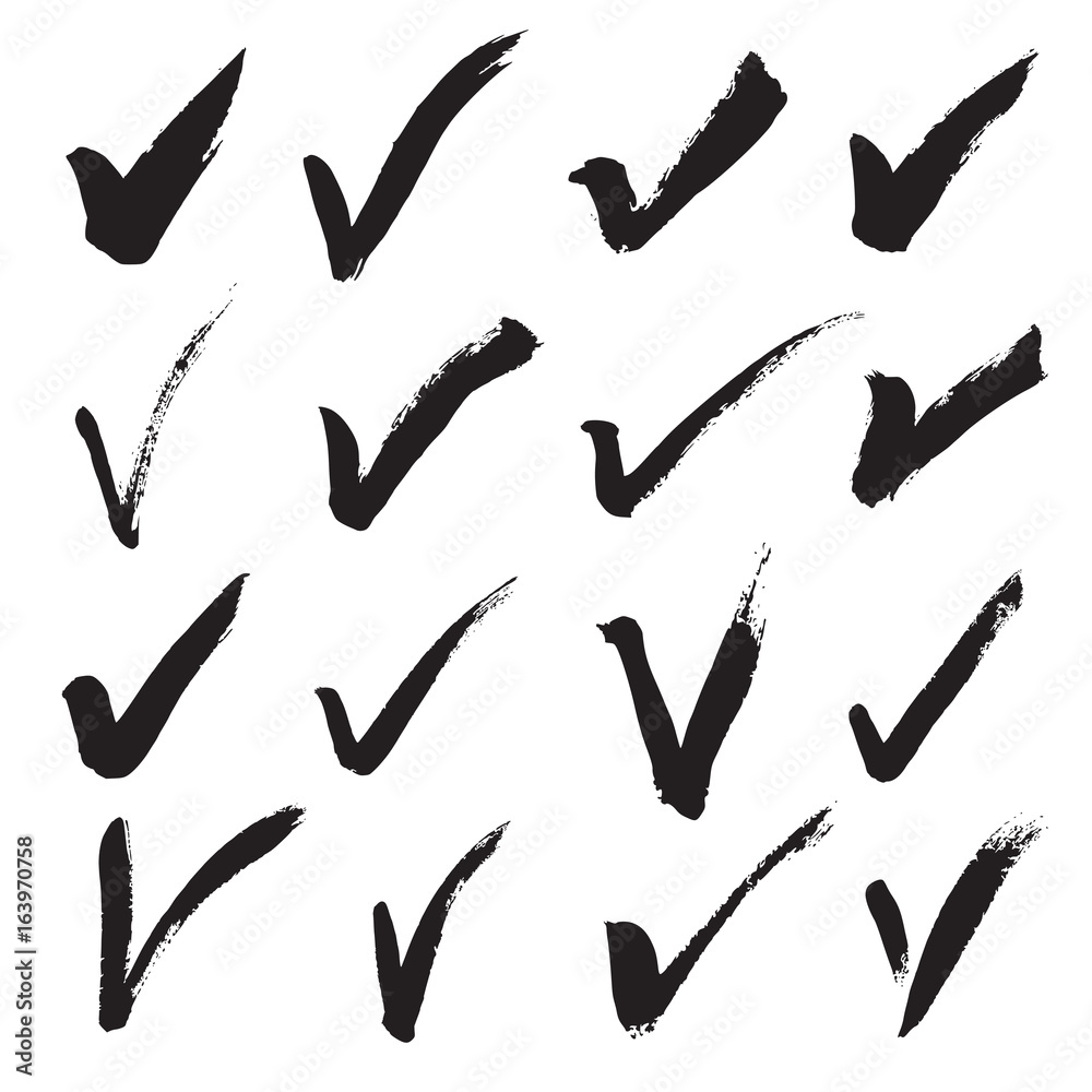 Collection of 16 hand painted check marks (ticks). Vector illustration ...