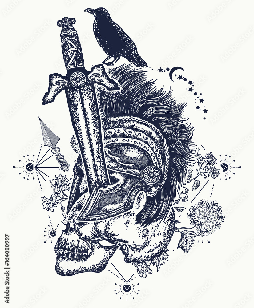 Soldiers skull tattoo. Ancient soldier is killed with sword, medieval ...