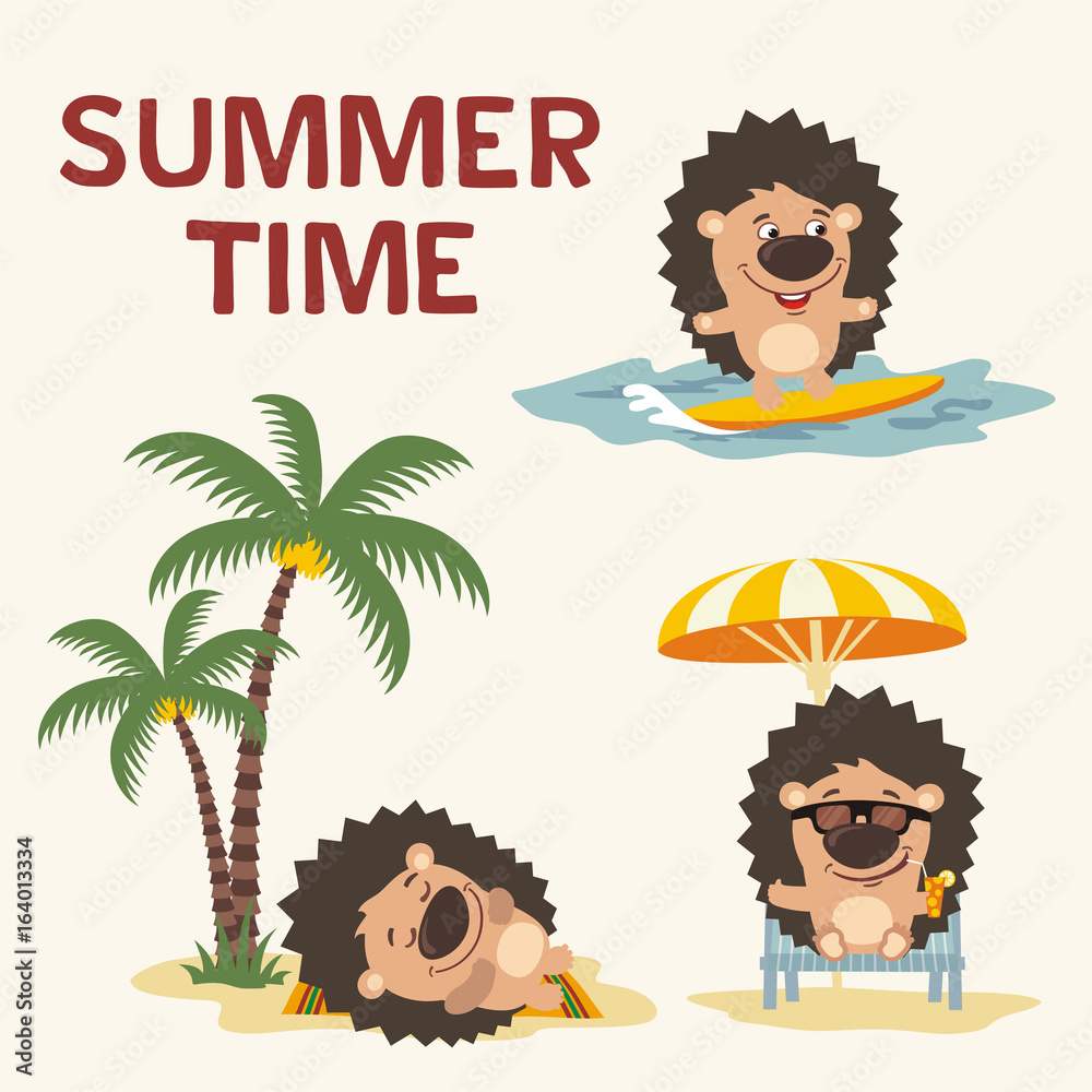 Summer time. Set happy hedgehog resting on beach. Collection cartoon ...