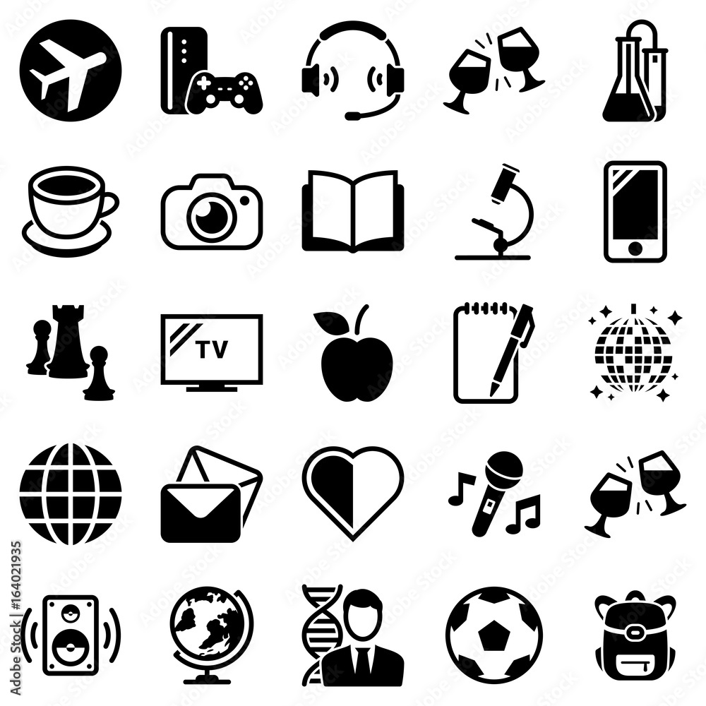Set of simple icons on a theme Hobbies, entertainment, vector, design ...