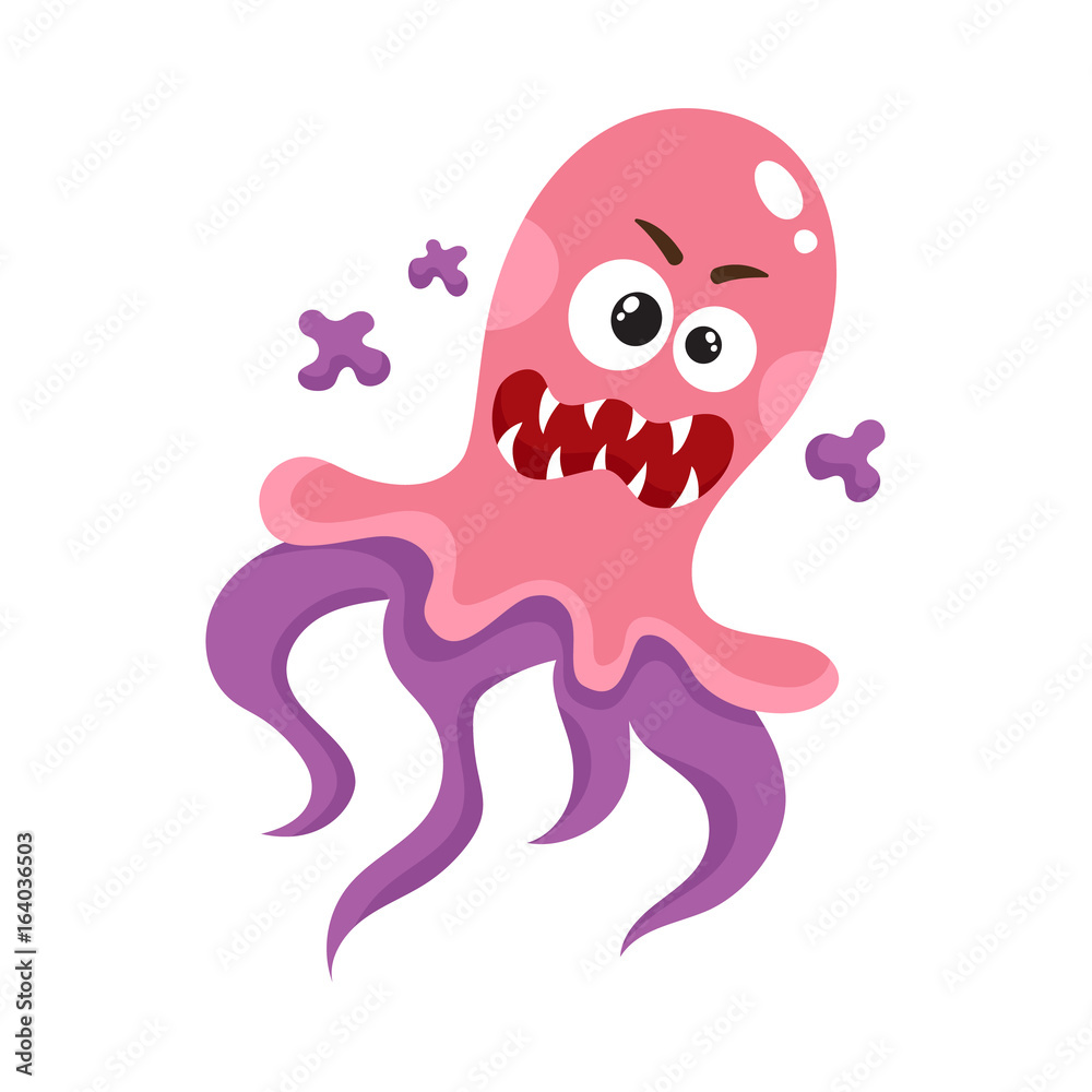 Virus, germ, bacteria, pathogen character with human face and tentacles ...