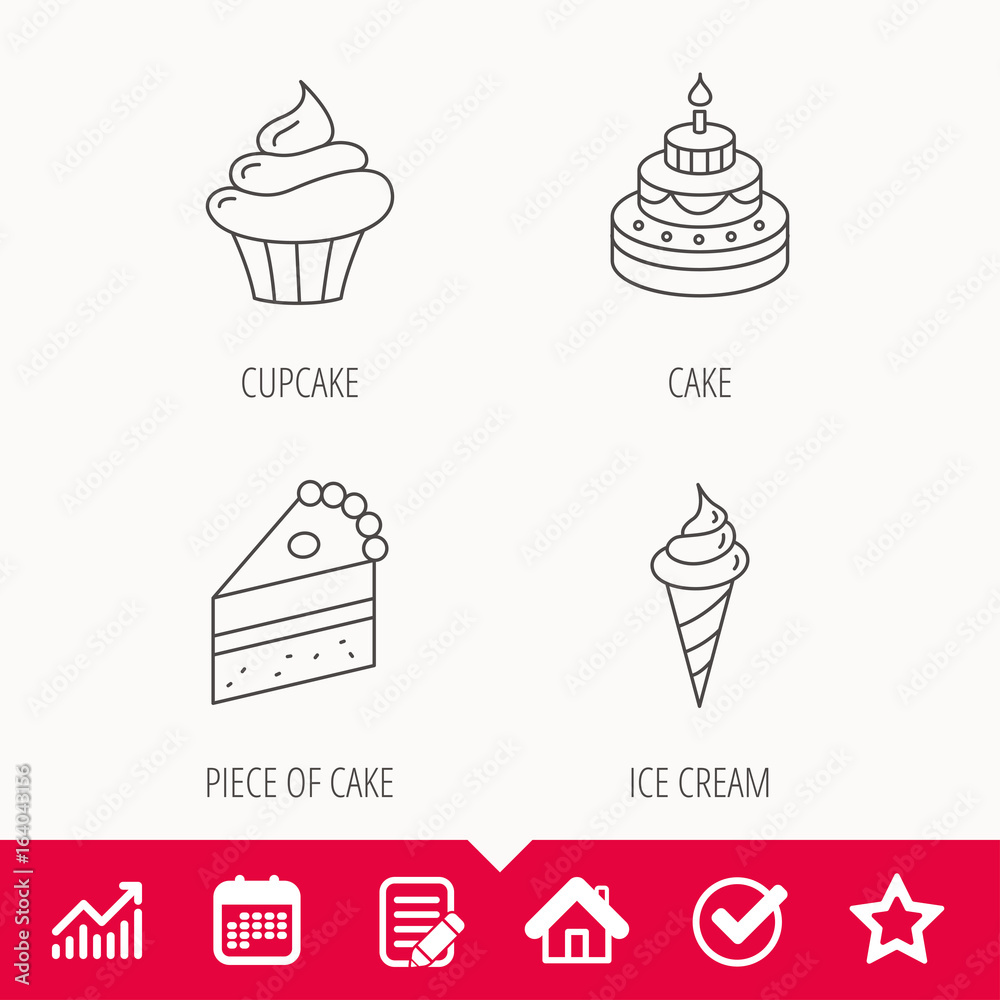 Cake, cupcake and ice cream icons. Piece of cake linear sign. Edit ...