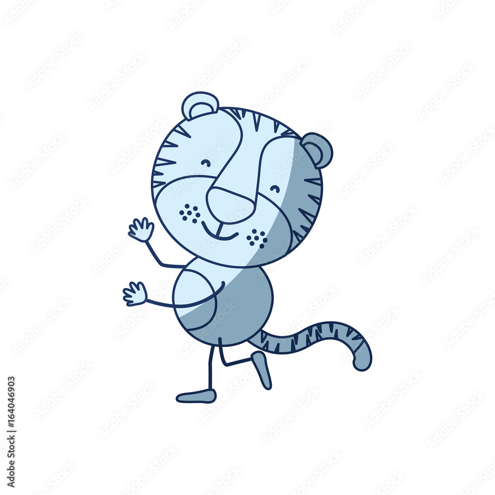 blue color shading silhouette caricature with cute tiger dancing vector ...
