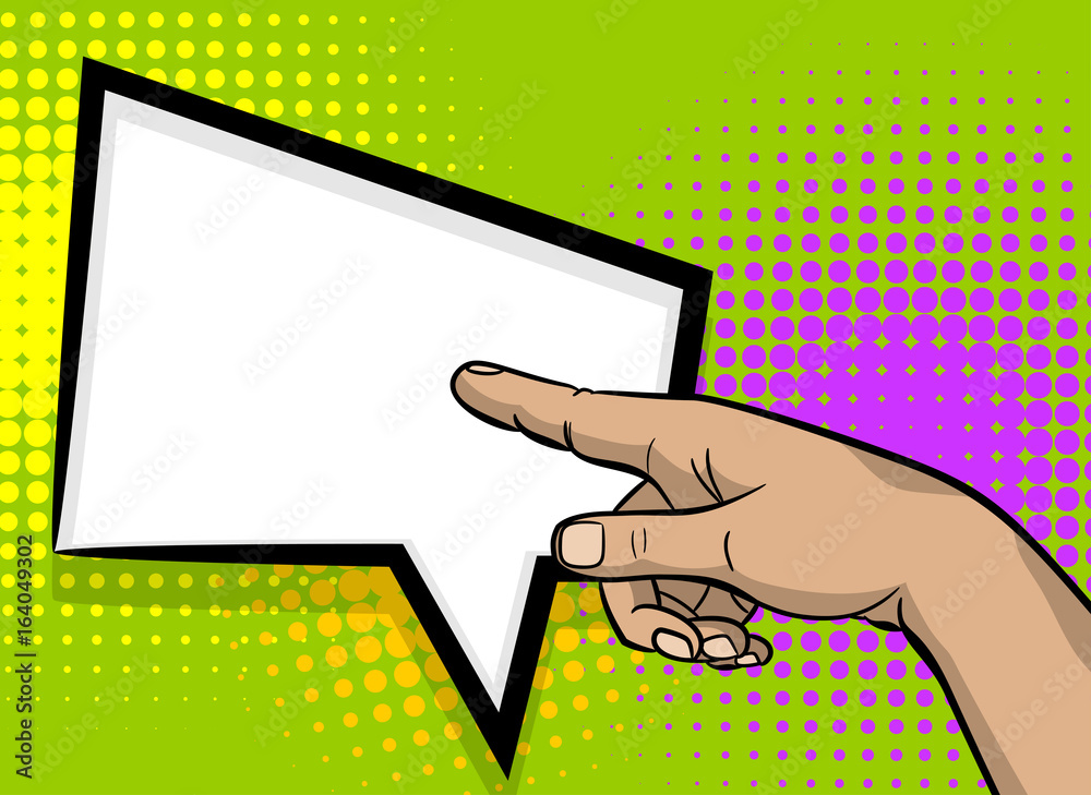 Pop art comic text cartoon strong man hand show finger pointer speech ...