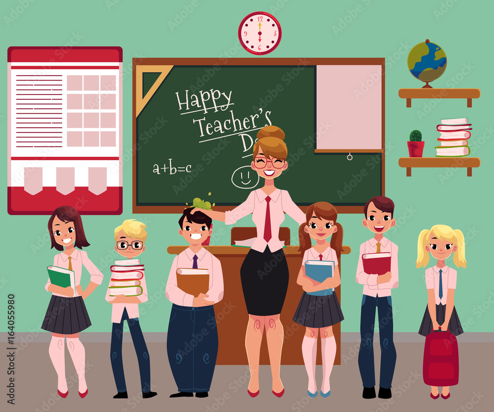 Full length portrait of female teacher standing with students, pupils ...