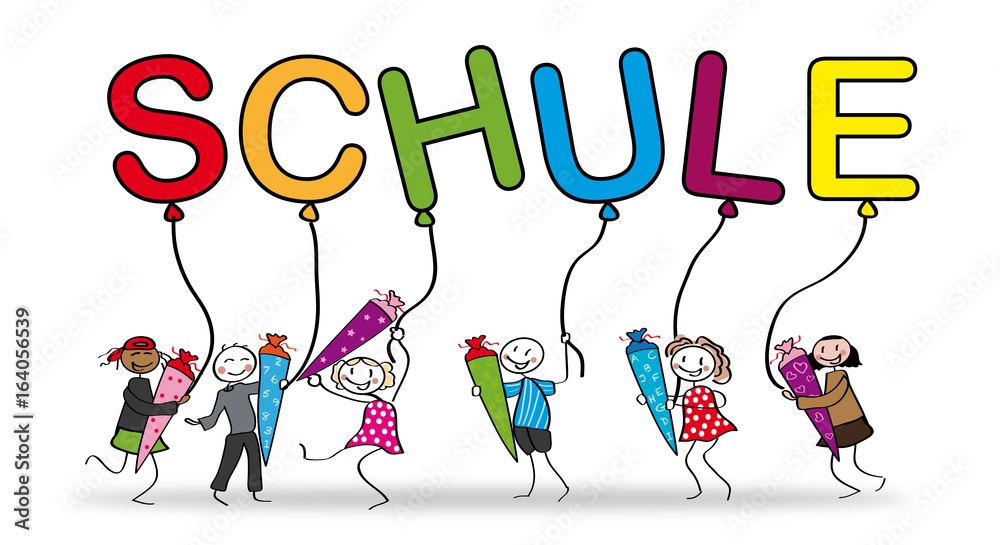 Schulanfang - Kinder halten Luftballons in Form von Buchstaben und ...