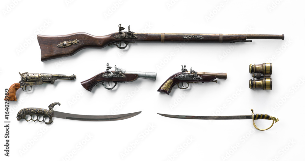 Collection of ancient firearms,rifle,Pistols,Sword, sabers Stock Photo ...