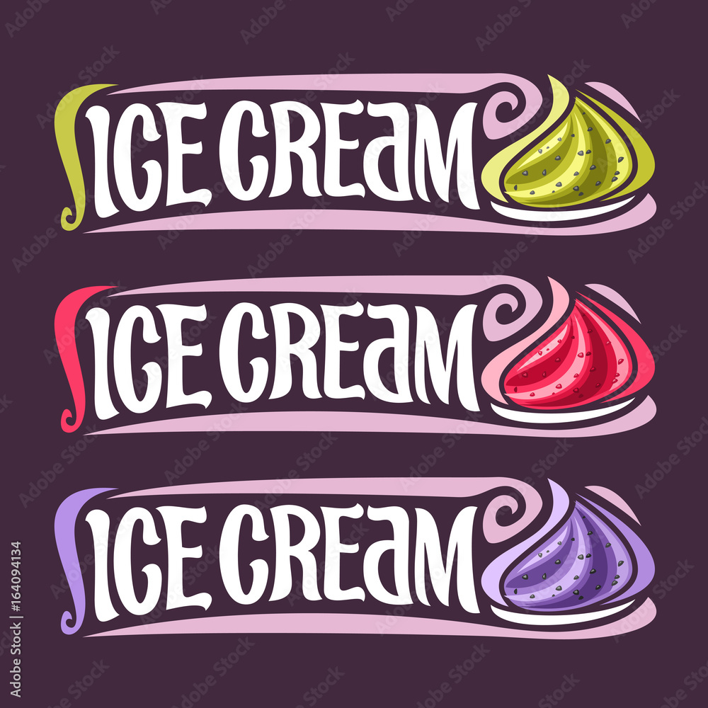 Vector set labels for fruit Ice Cream: 3 colorful vintage stickers for ...