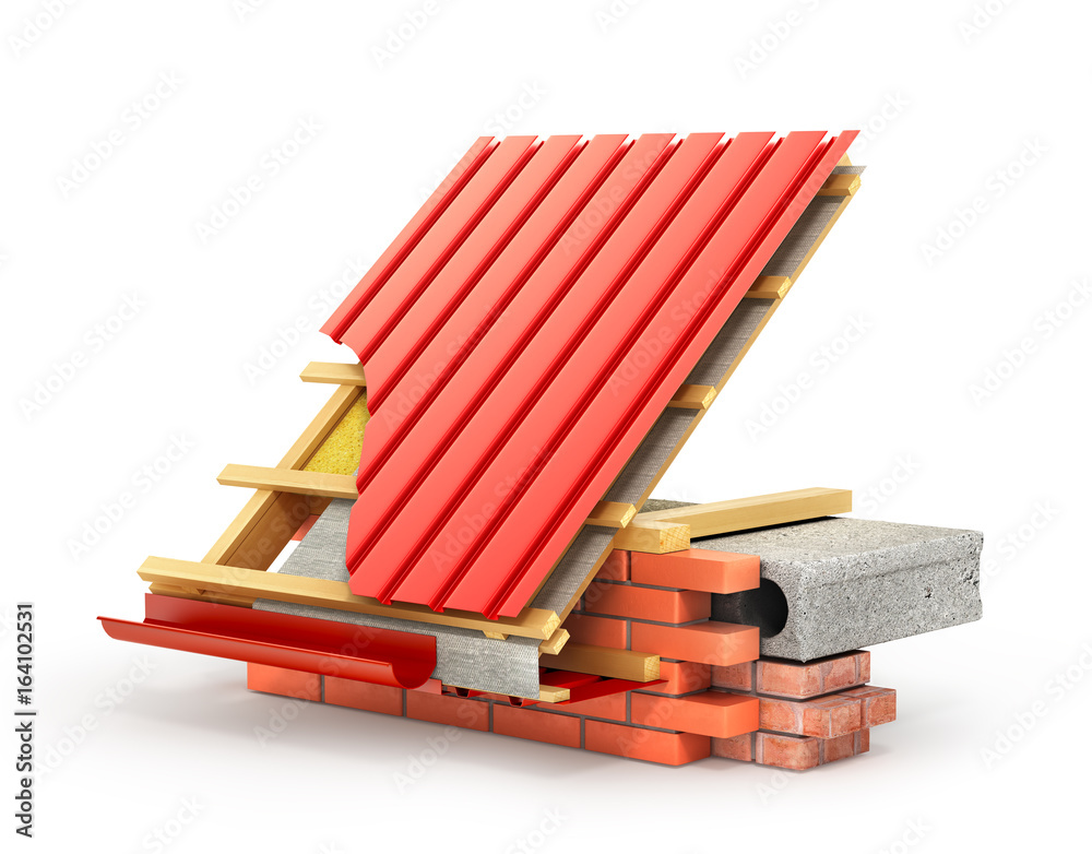 Roof installation. Metal tile coating on the roof with technical ...