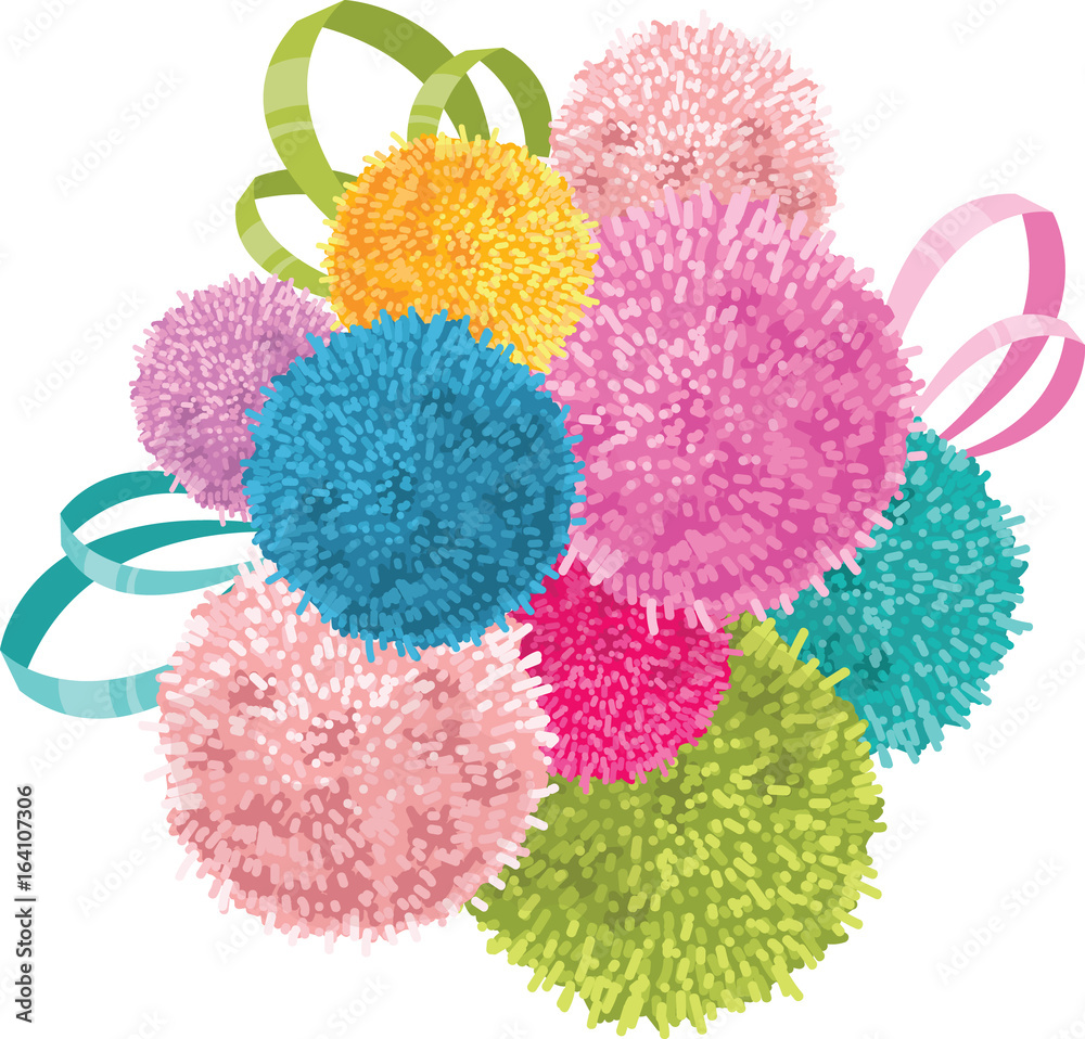Vector Bunch of Colorful Baby Kids Birthday Party Pom Poms and Ribbons ...