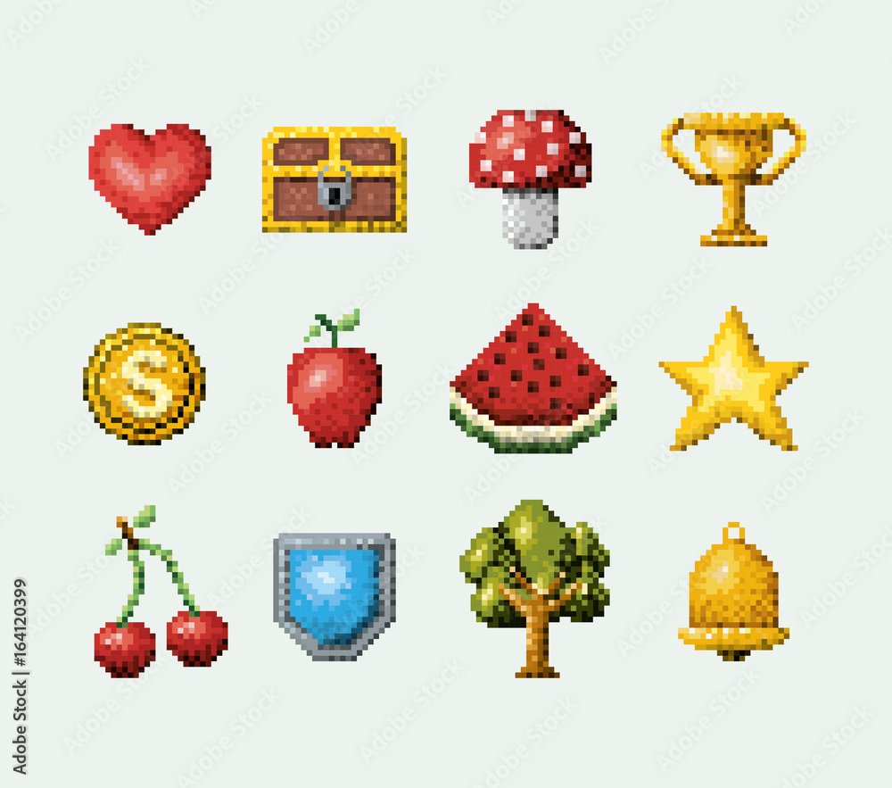 color pixelated set of elements arcade game icons vector illustration ...
