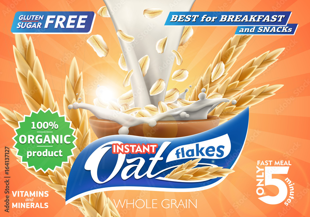Oat flakes advertising flyer vector illustration with big milk splash ...