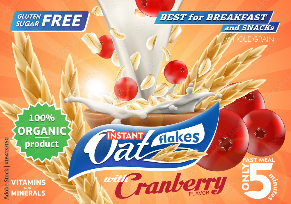 Oat flakes with raw cranberry, advertising flyer vector illustration ...