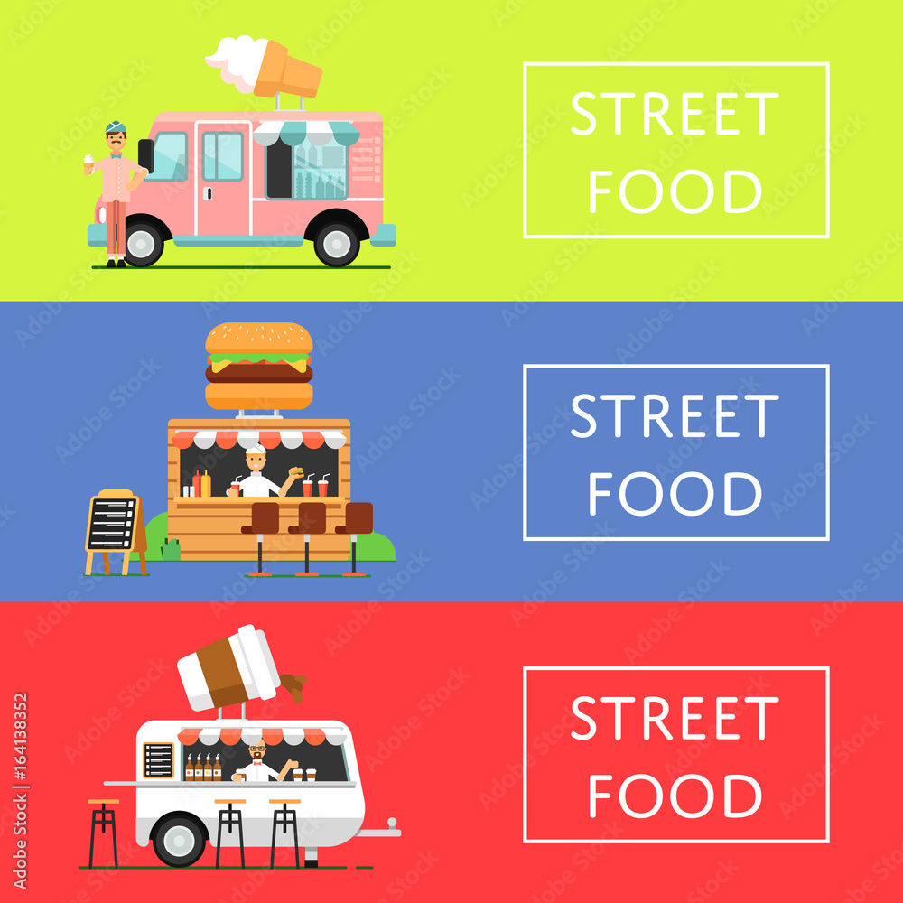 Street food festival flyers set in flat style. Culinary city event ...