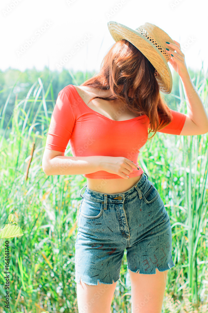 Sexy Hot Young Woman With Full Hips Thin Waist Pale Skin In Cut Shorts