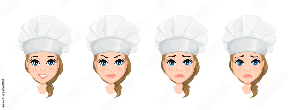 Chef woman face with various emotions. Set. Cute cartoon character cook ...