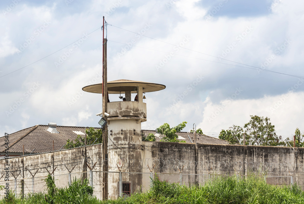 old prison guard tower or watchtower with security systems barbed wire ...