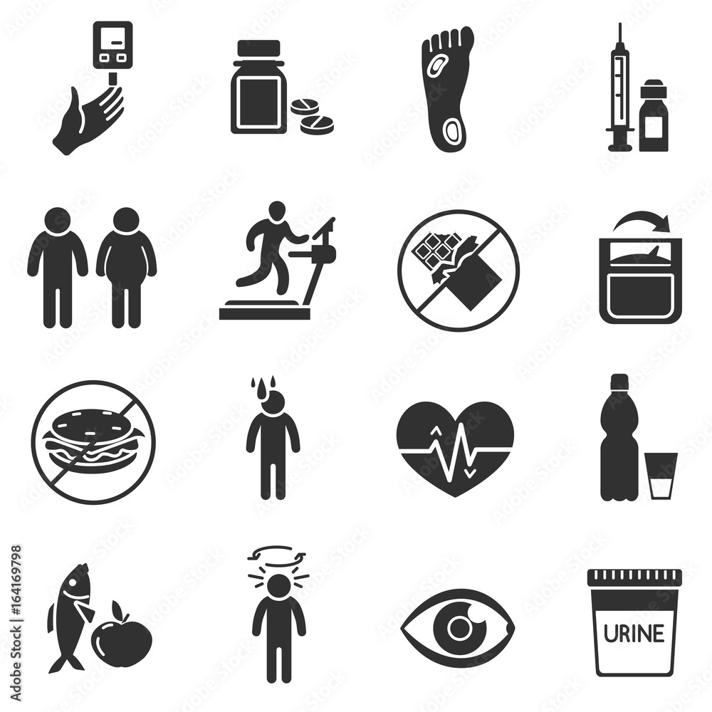 Diabetes. Monochrome icons set. Diagnosis and health care. Stock Vector ...