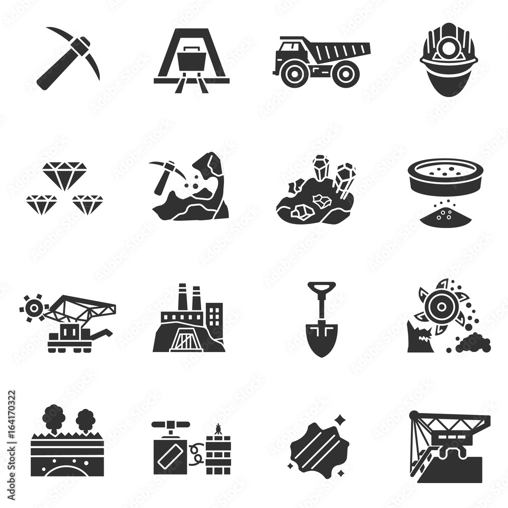 Mining industry. Monochrome icons. Extraction of minerals from the ...