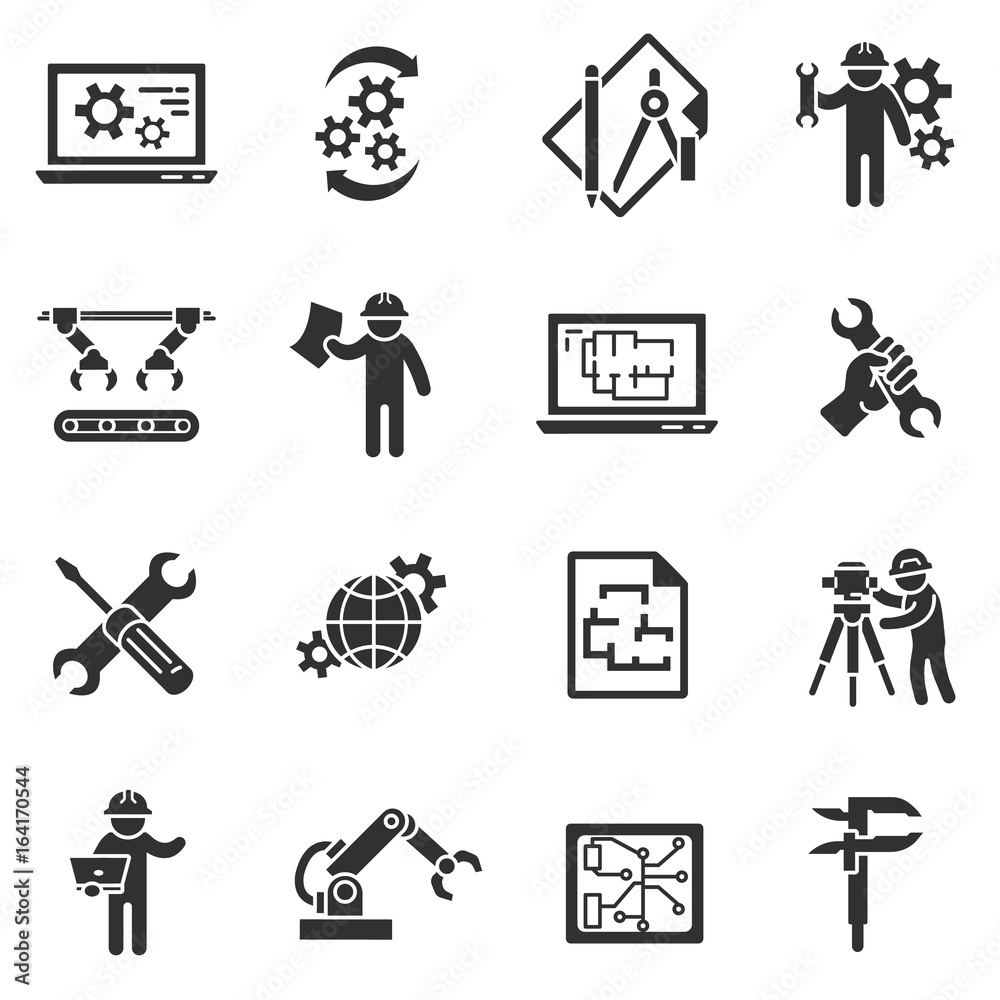 Engineering. Monochrome icons. Manufacturing, commissioning ...