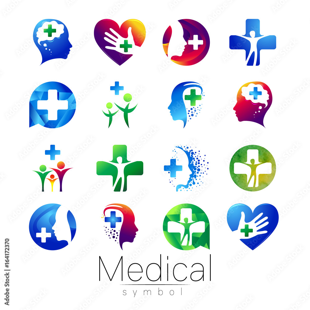 Vector SET of medical sign with cross inside, human profile. Symbol for ...