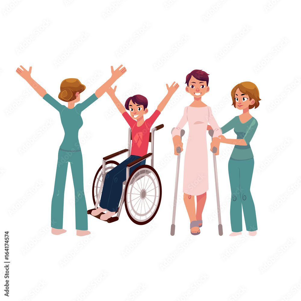 Medical rehabilitation, crunches and wheelchair, helping patients ...