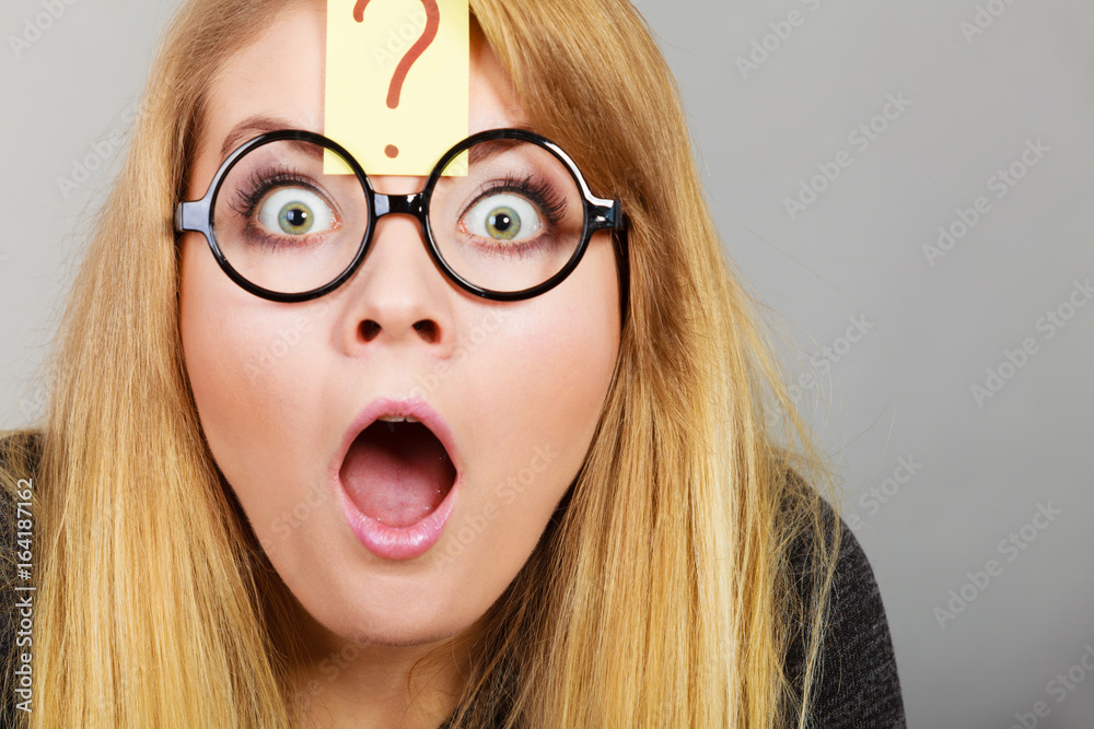 Weirdo nerd woman having question mark on forehead Stock Photo | Adobe ...