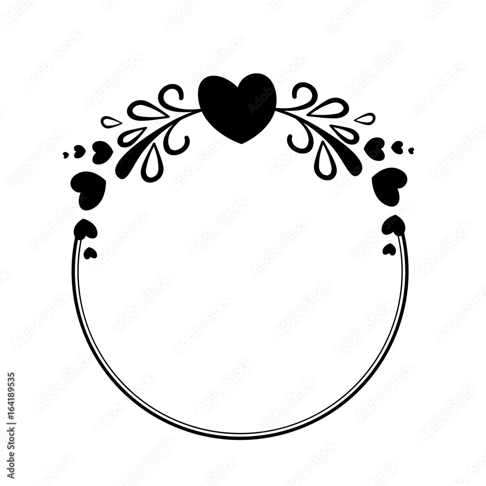 Elegant black and white round frame with a silhouette of hearts and ...