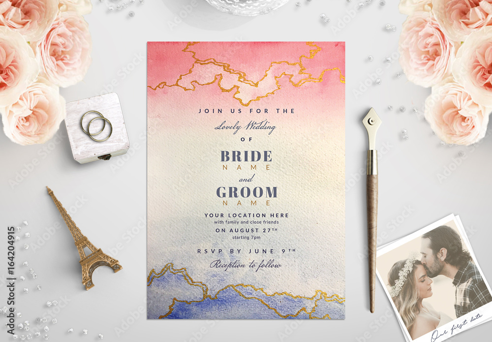 Pink and Blue Watercolor Wedding Invitation 1 Stock Template | Adobe Stock