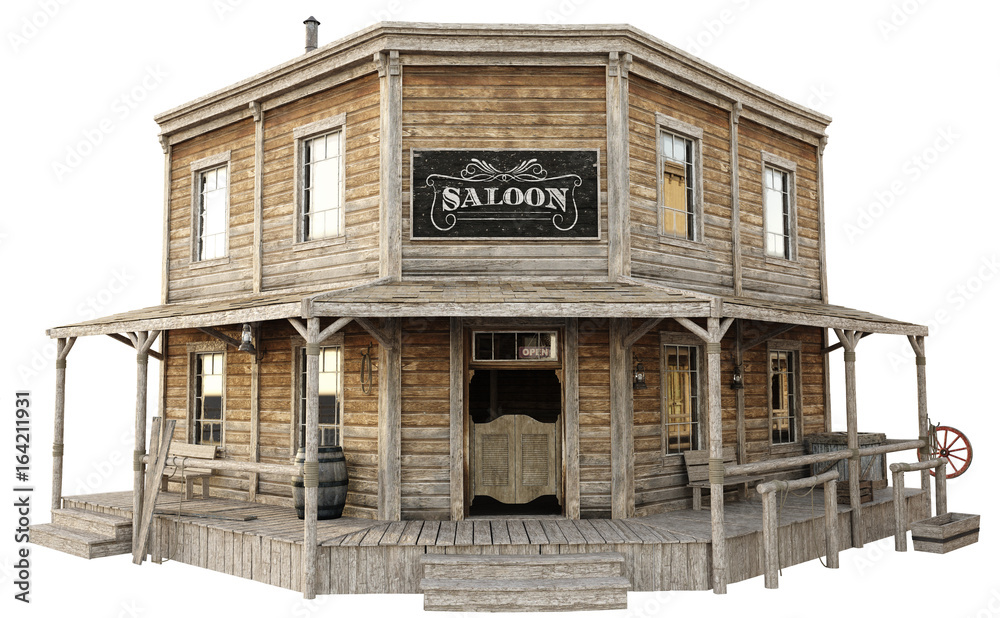 Western town saloon on an isolated white background. 3d rendering Stock ...