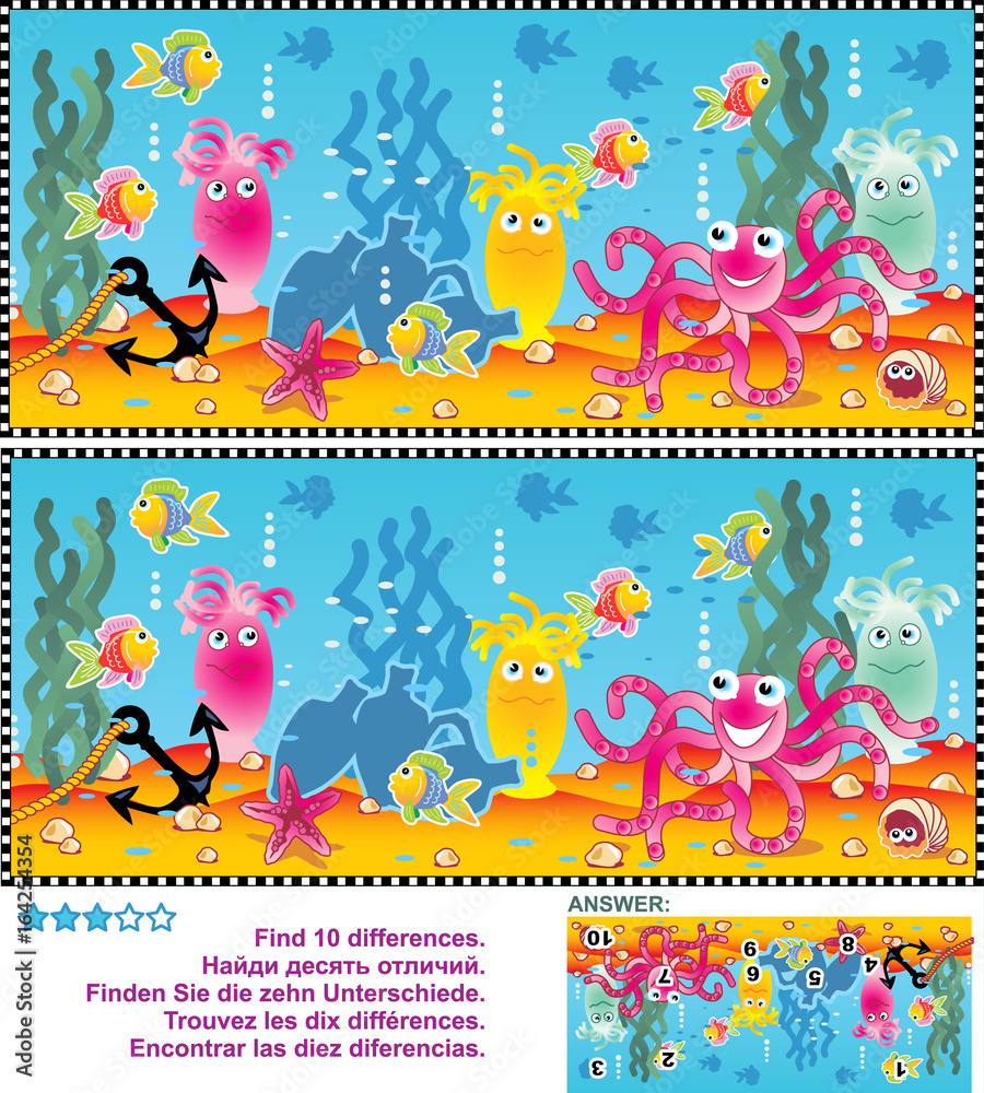 Underwater themed picture puzzle: Find the ten differences between the ...