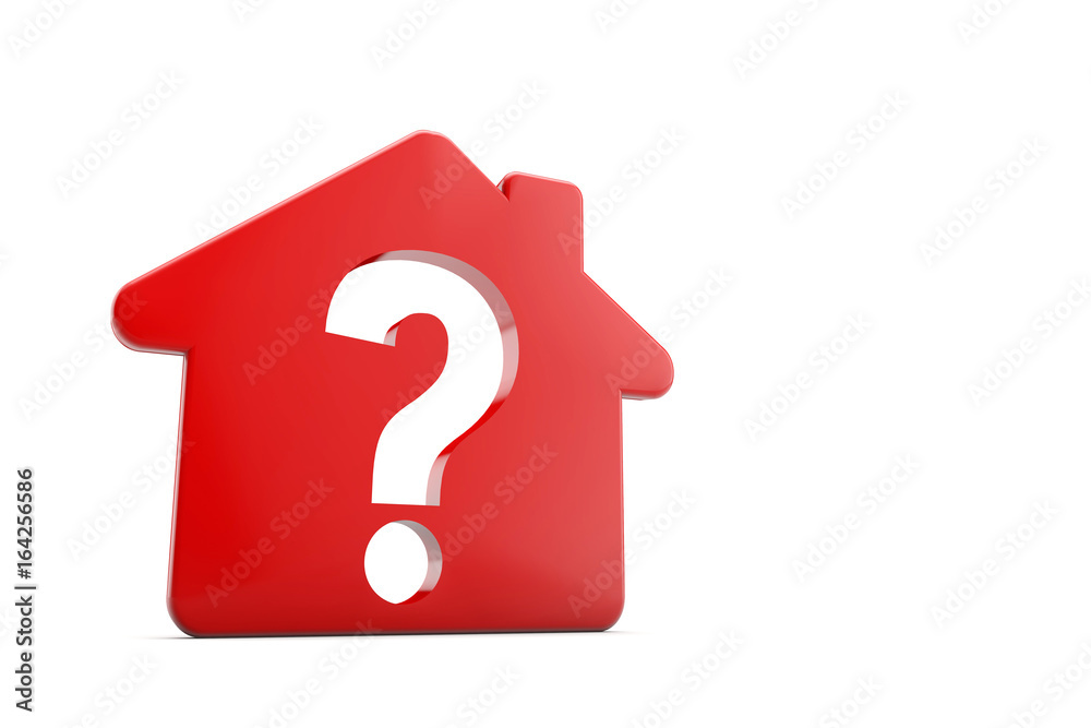 A red house with a question mark symbol. Housing problem concept. 3D ...