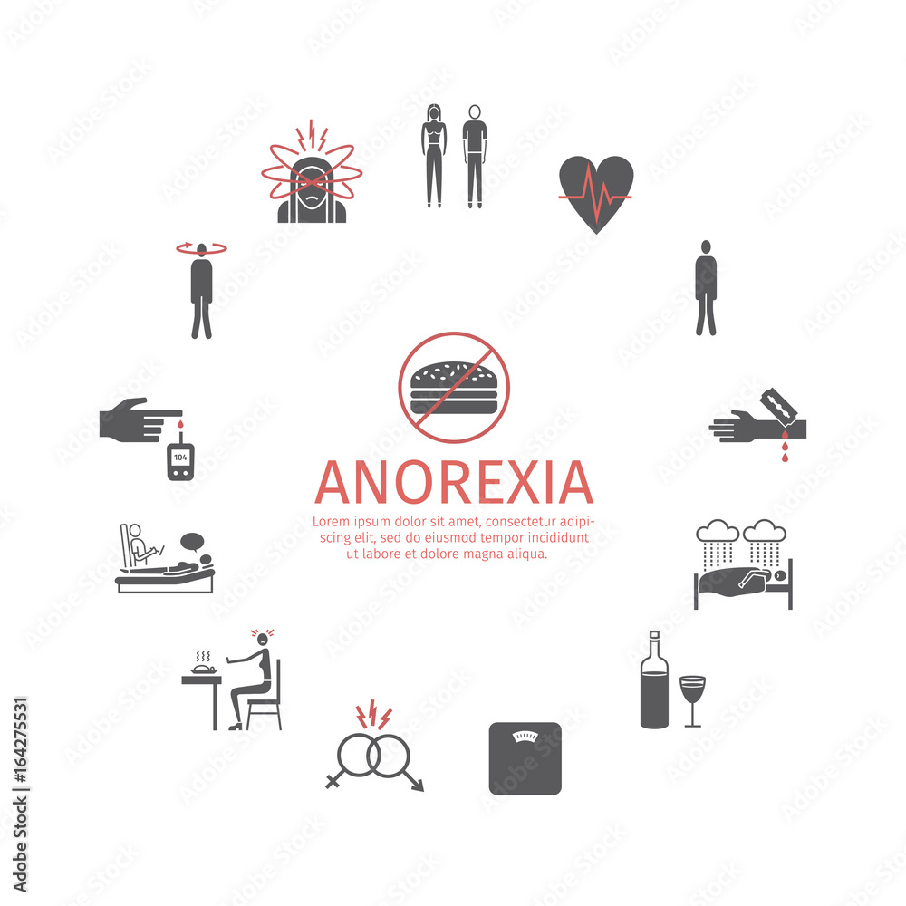 Anorexia. Symptoms, Treatment. Icons set. Vector signs Stock Vector ...