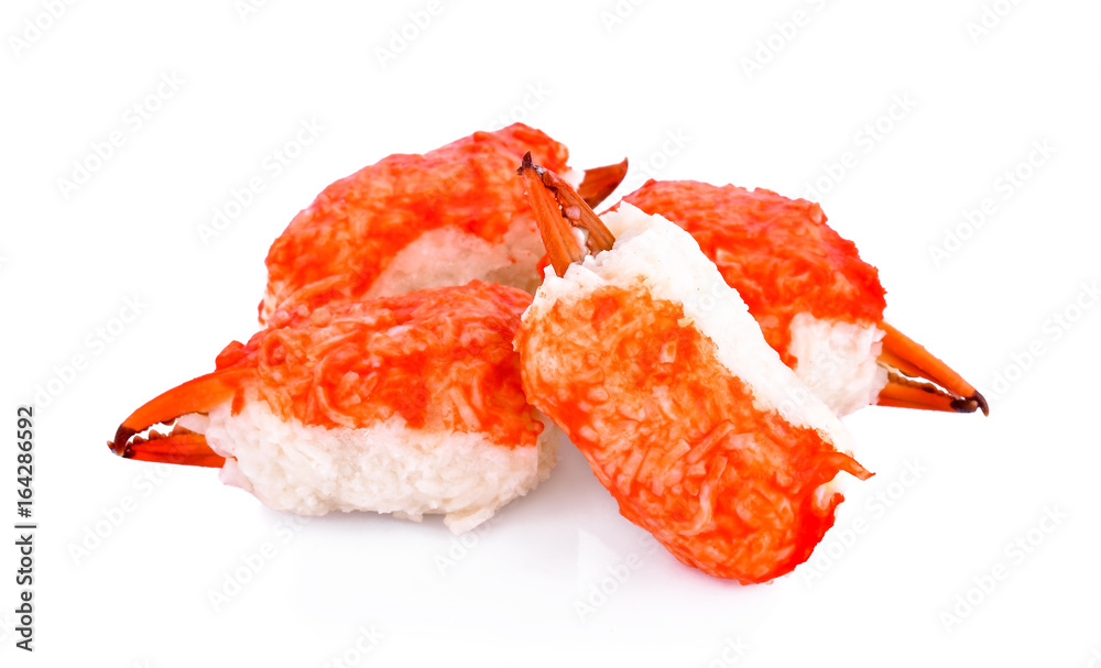 Pile of fried breaded surimi crab claws, in perspective, isolated on ...