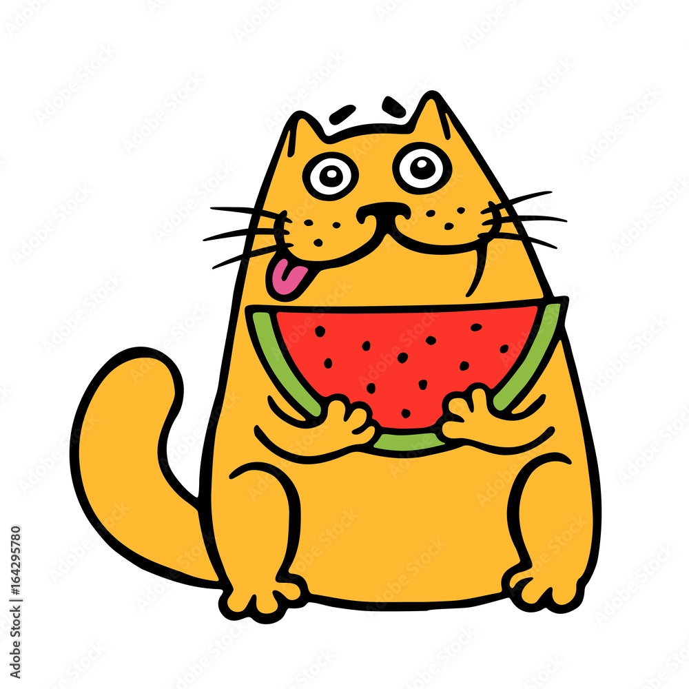 Cute fat cat eats watermelon. cat. Isolated vector illustration. Stock ...